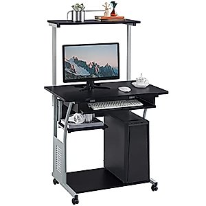 Topeakmart 3 Tier Computer Desk with Printer Shelf and Keyboard Tray, Home Office Desk Computer Workstation Rolling Study PC Laptop Table for Small Spaces Black