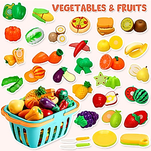 JOYIN 68Pcs Cutting Play Food Toy for Toddlers Kitchen, Fake Food for Kids Play Kitchen, Includes Plastic Fruit &Vegetables, Storage Basket, Mini Dishes and Knife, Pretend Play Toys, Toddler Gifts