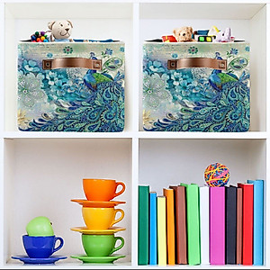 WIHVE Storage Bins Beautiful Peacock Fabric Storage Basket for Organizing Closet Shelf Organizer Basket with Handles