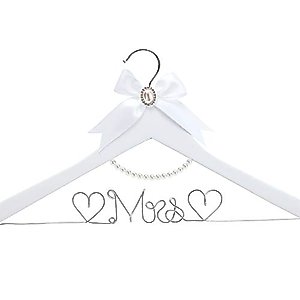 HUIDIAN White Solid Wood Bridal Dress Hanger with Lady Wire Lettering for Bridal Wedding Party Gift (Silver Thread and Pearl Chain White Hanger)