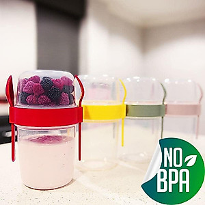 GanoOne On the Go Cups, Take and Go Cup with Topping Cereal or Oatmeal Container, Portable Lux Cereal To-Go Container with Top Lid Granola & Fruit Compartment (Yellow)