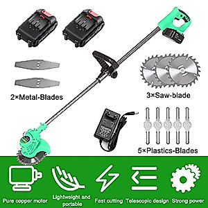 TRUNYAQI String Trimmer Cordless Grass Trimmer Electric Edger Battery Powered Lawn Mower Weed Brush Cutter Kit for Garden, Lawn, Trimming (Green)