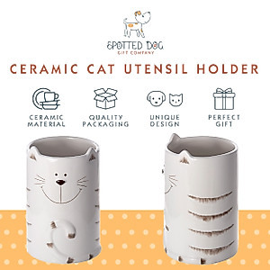 SPOTTED DOG GIFT COMPANY Ceramic Utensil Holder for Kitchen Counter, Utensil Crock for Countertop, Decorative Cat Themed Home Kitchen Decor Accessories, Gifts Cat Lovers, White 4.3" x 6.3"