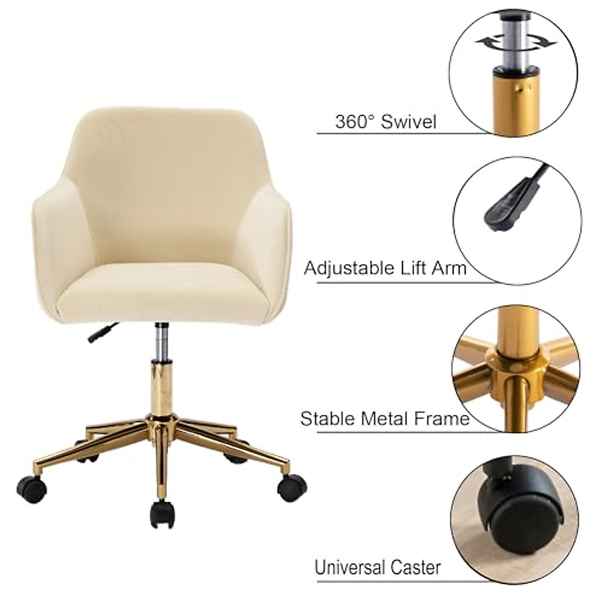 Yoluckea Modern Velvet Home Office Chair, Adjustable Swivel Office Chair for Living Room,Cute Desk Chair for Teen Girl,Upholstered Task Accent Chair Executive Vanity Chair Cream White