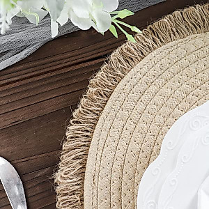 TABLECLOTHSFACTORY 4 Pack | 15" Round Natural Rustic Burlap Jute Placemats Fringed Edges, Farmhouse Placemats with Trim