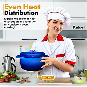 Bruntmor Pre-Seasoned 6.5 qt Enameled Cast Iron Round Dutch oven, 6.5 Quart Dutch Ovens Pot with Lid and Handle, Cast Iron Skillet, Heavy Duty Casserole Dish, Hand wash only, Duke Blue
