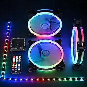 DS 140MM LED Fans with Controller for PC Cases, Addressable RGB Fans for Computer Case, CPU Coolers, Radiators System (3Pack RGB Fans, 2Pack PC LED Strips, 4th GEN Hub Box, A Series)