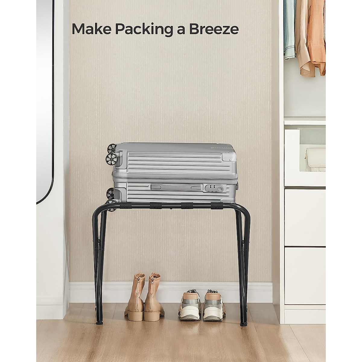 SONGMICS Luggage Rack for Guest Room, Set of 2 Suitcase Stands, Foldable Steel Frame, for Hotel, Bedroom, Holds up to 110 lb, 27.2 x 15 x 20.5 Inches, Black URLR001B02