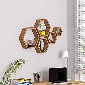 Red River Hexagon Floating Shelves Set of 5,Wall Mounted Wood Farmhouse Storage Honeycomb Wall Shelf,Floating Shelf,Wall Shelf for Bathroom,Kitchen, Bedroom, Living Room, Office (Dark Brown)