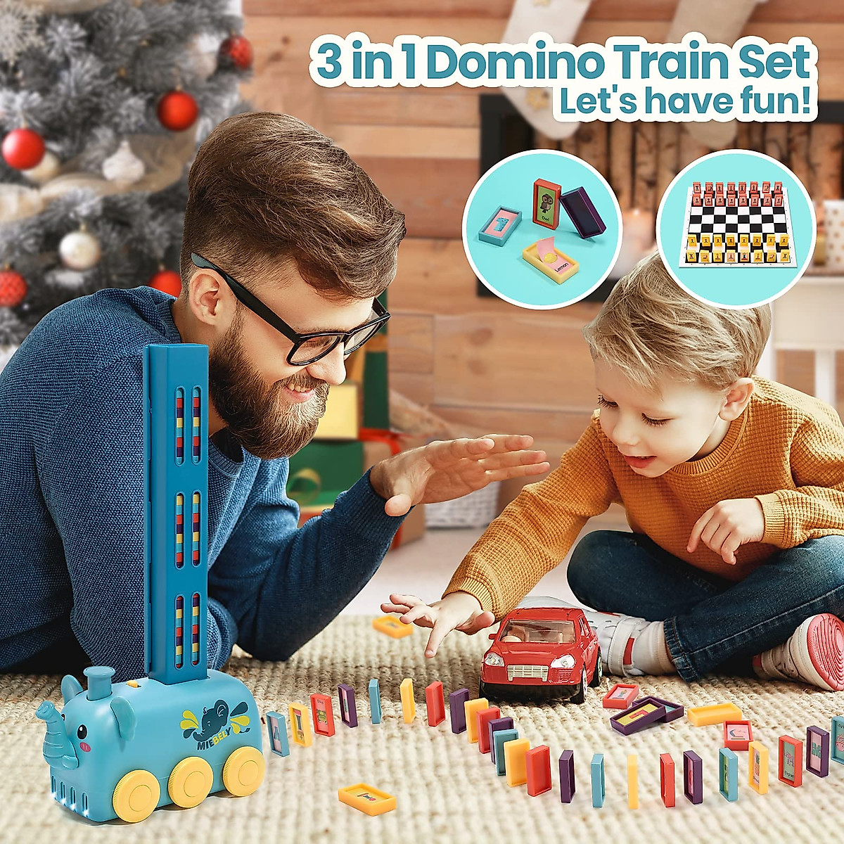 O WOWZON 3 in 1 Automatic Domino Train Toy-140 PCS Building and Stacking Electric Running Toys Light & Sound Trains, Colorful Fun Stickers and Chess Game,Storage Bag,Gift for Boys Girls kids