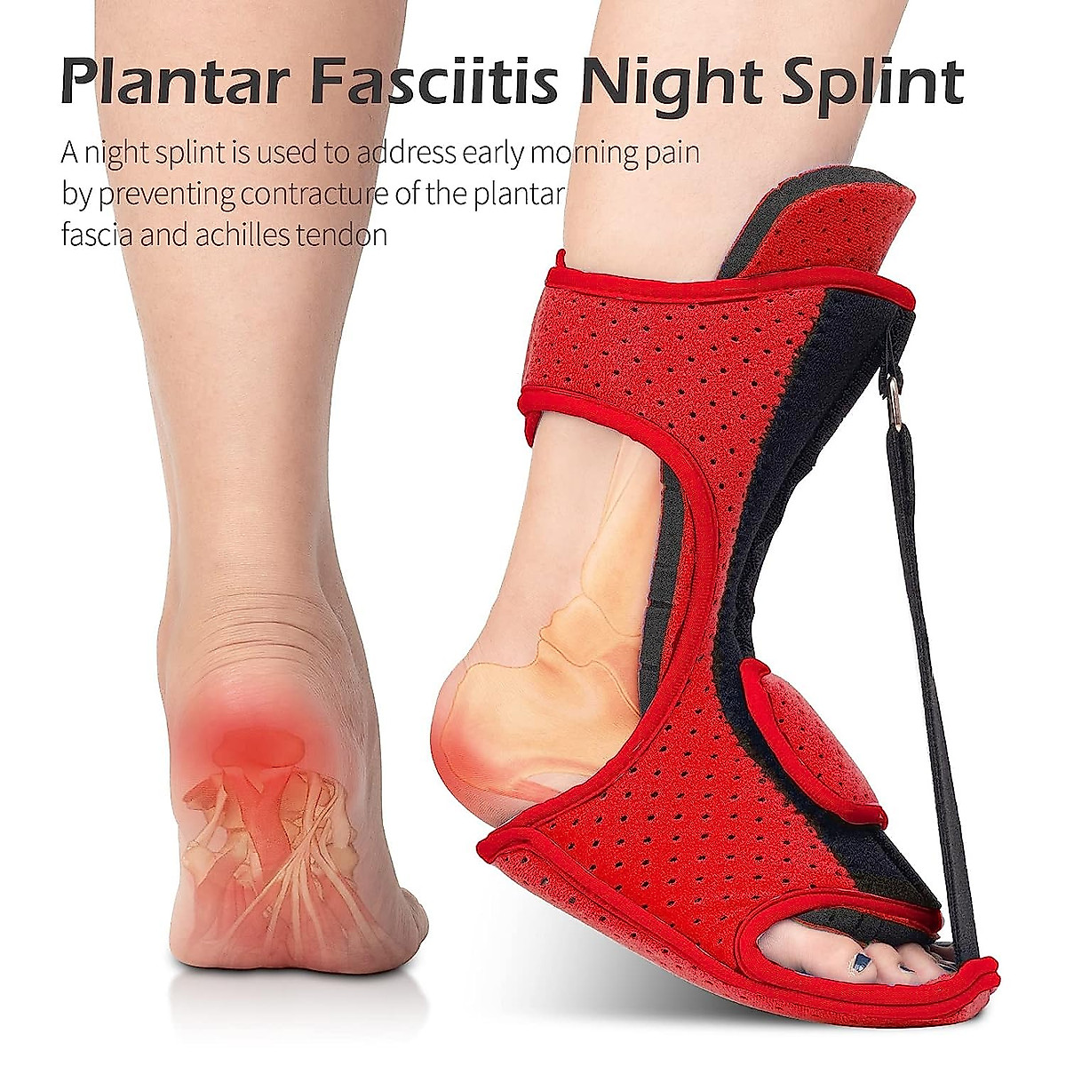Runkelai Plantar Fasciitis Night Splint: 2 Packs Upgraded Brace with Support Plate for Plantar Fasciitis Relief Achilles Tendonitis Relief Foot Drop Heel Arch Pain Support for Women Black-Red 5