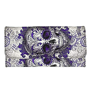 AFPANQZ Gothic Sugar Skull Women's Wallets Large Capacity RFID Protection Waterproof Leather Long Clutch Phone Holder Zip Inner Pocket Multi-Cards Slots Travel Wallet TriFold Purses Purple Silver