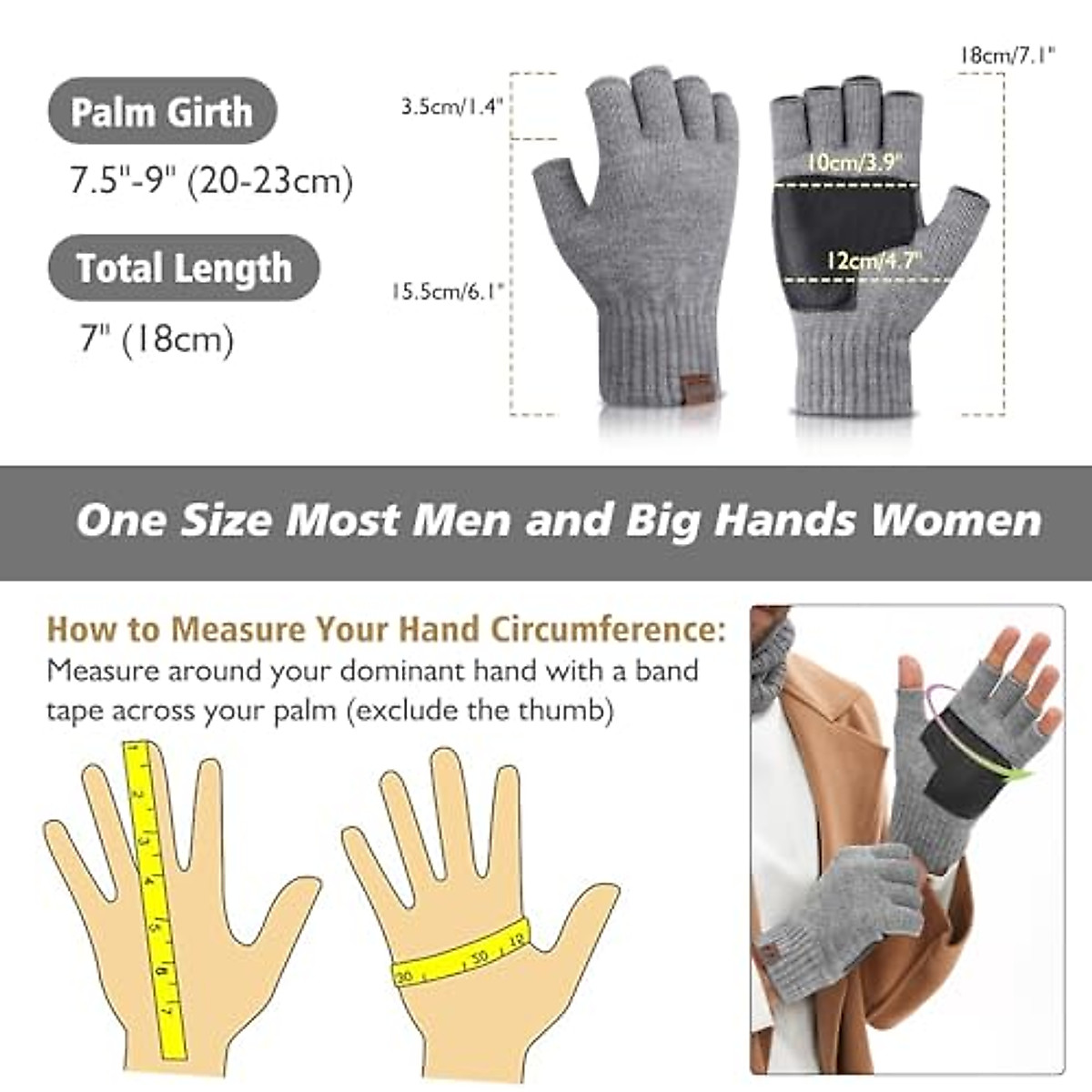 MAYLISACC 2 Pair Half Finger Knit Gloves without Finger Tips Winter, Warm Fingerless Gloves for Typing Stretchy Knit Grey