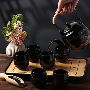 Hushee Japanese Tea Set in Gift Box Asian Tea Set Magic Teapot with 1 Teapot, 6 Tea Cups, 1 Tea Tray, 1 Stainless Infuser, Black Ceramic Chinese Porcelain Tea Set Gift for Tea Adult Lover Office Home
