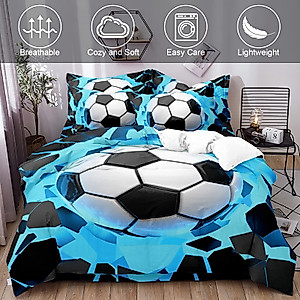 Blue Soccer Duvet Cover Set Queen, 3 Pieces Reversible Sports Soccer Pattern Bedding Set for Soccer Fans Kids Teens Boys, Soft Microfiber Sports Theme Duvet Cover Queen 90"x90"(No Comforter)