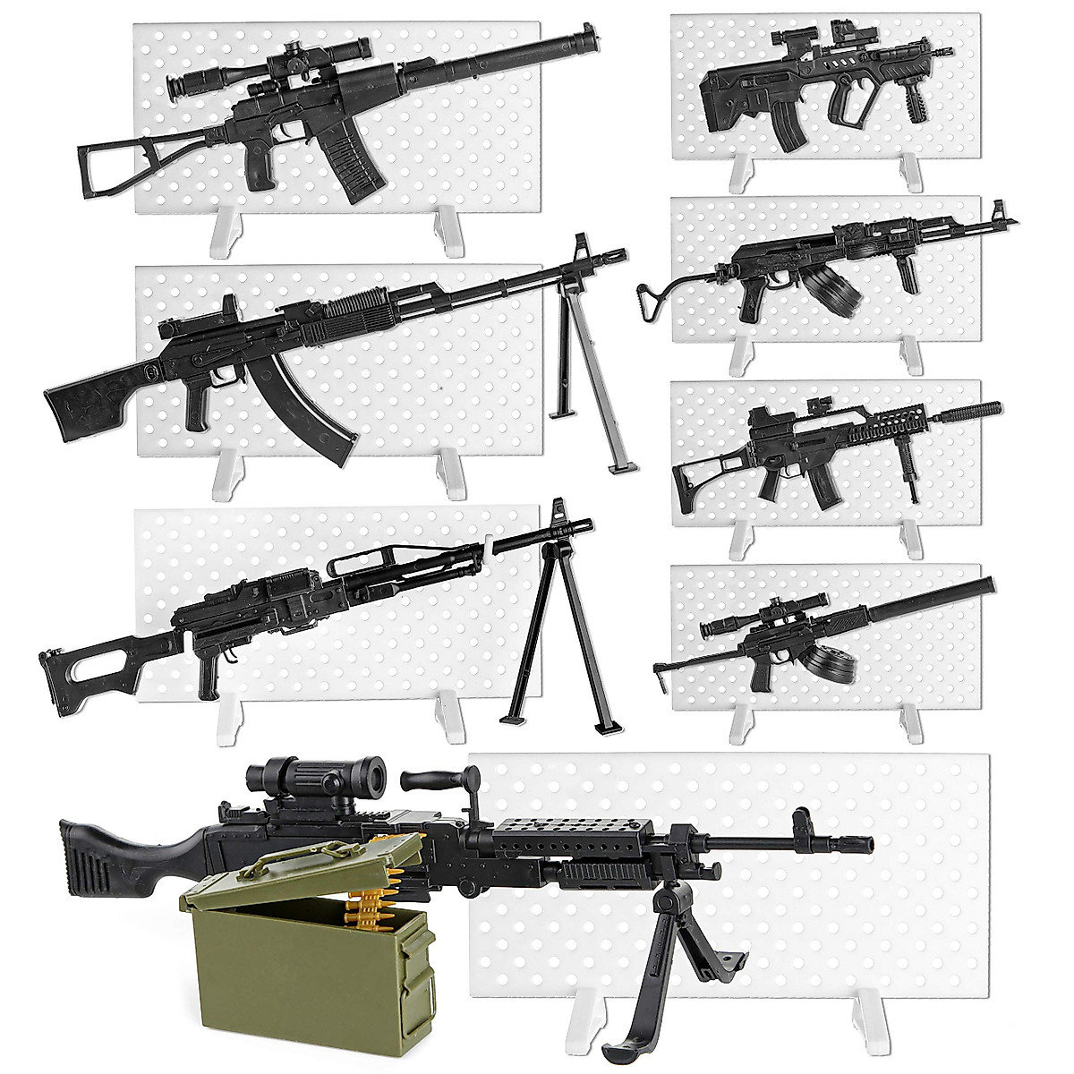 PROLOSO 8 Set Miniature Toy Machine Guns with Display Board SMG Rifles Toys for Boys Kids Building Toys