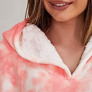 Dreamscene Extra-Long Tie Dye Oversized Hoodie Blanket Sweatshirt Soft Sherpa Fleece Throw Wearable Hooded Jumper, One Size (Blush Pink White)
