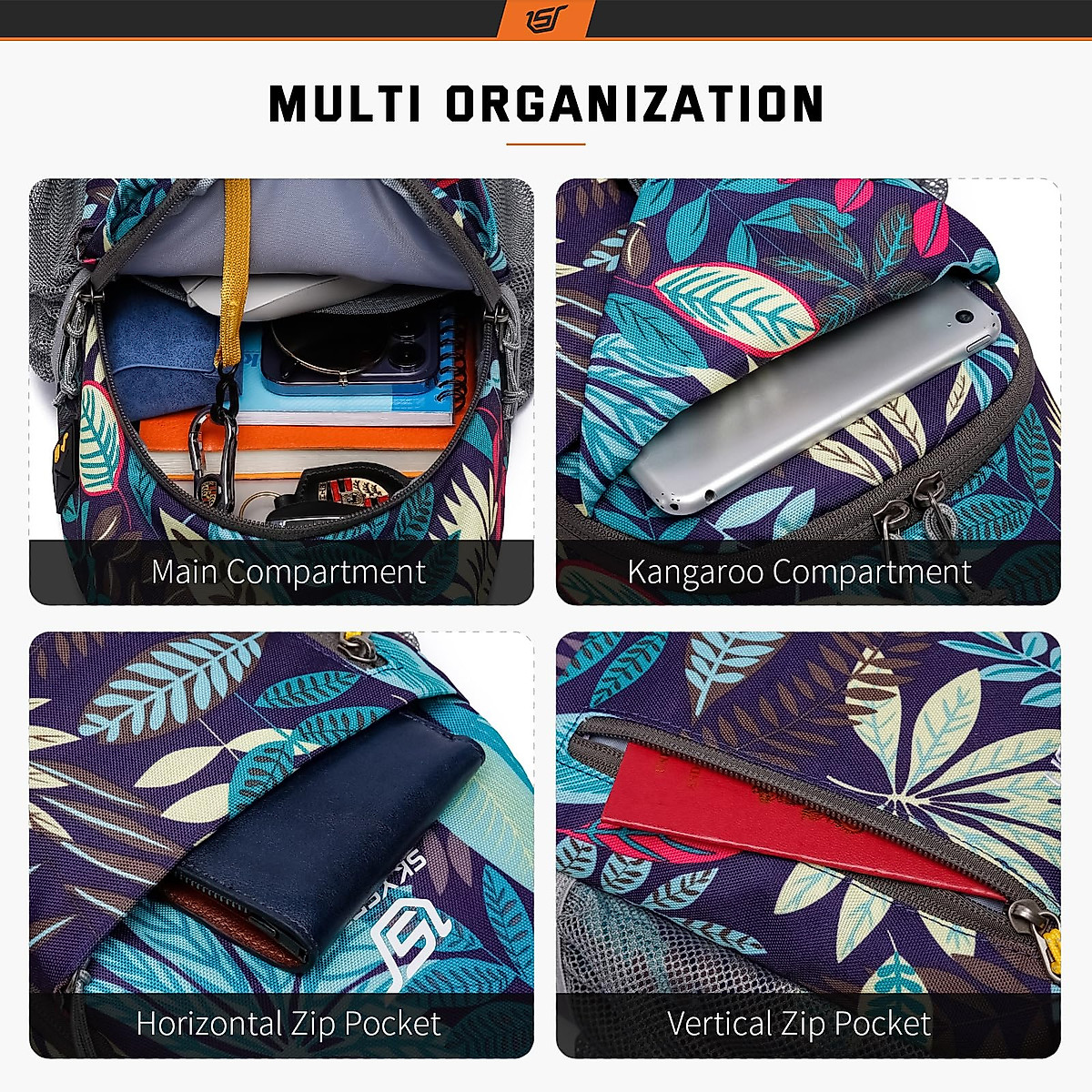 SKYSPER Sling Bag Crossbody Backpack - Chest Shoulder Cross Body Bag Travel Hiking Casual Daypack for Women Men(Leaf)