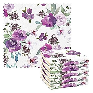CaTaKu Purple Flower Microfiber Reusable Cleaning Cloths Kitchen Dish Cloths Dish Rags for Washing Dishes, Watercolor Rose Dish Towels Washcloths for Kitchen Drying, 6 Pack