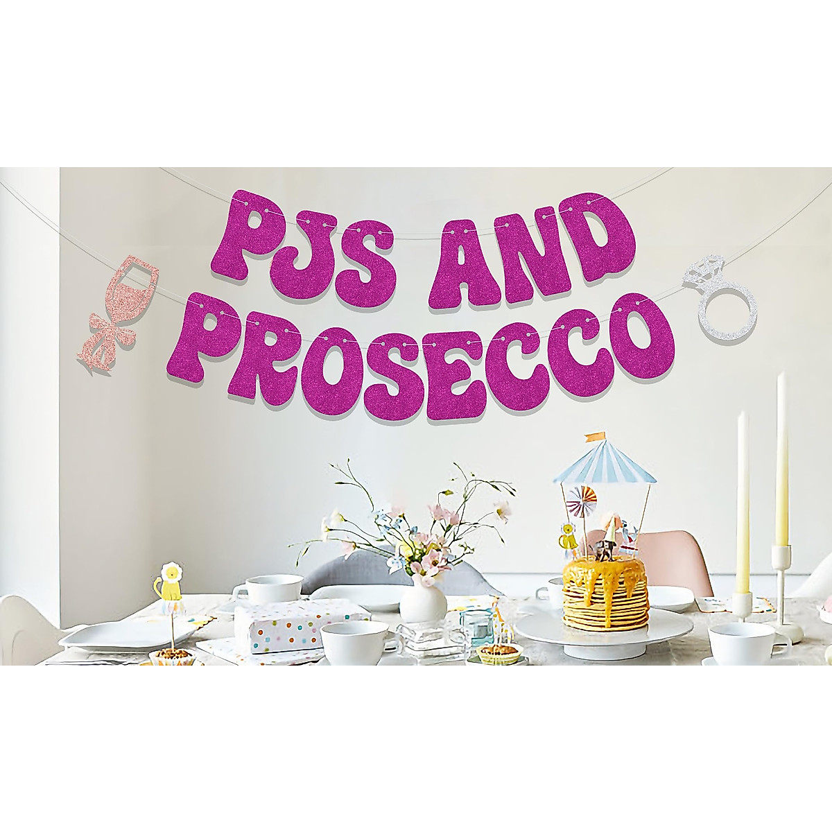 Pjs And Prosecco Banner,Bachelorette Party Decor,Bridal Shower Decoration With Diamond Ring,Prosecco Wedding Party Decorations Supply Rose Red