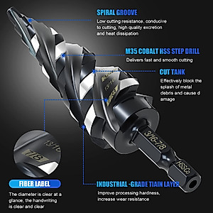 M35 Four Spiral Flute Step Drill Bit Set 1/8"-7/8"(3 pcs), 1/4" Hex Shank Drill for Working Metal, Impact Resistant M35 Cobalt Step Drill Bit, for Stainless Steel, Wood, Aluminum, Plastic