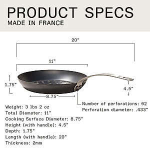 Made In Cookware - 11" Blue Carbon Steel Grill Frying Pan - (Like Cast Iron, but Better) - Professional Cookware - Crafted in France - Induction Compatible