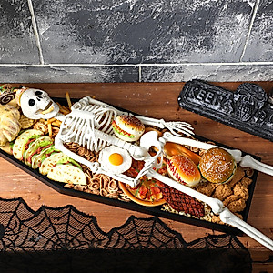 Seeloowy 32'' Halloween Coffin Charcuterie Board with 36" Skeleton Extra Large Wooden Coffin Serving Tray Board 3 ft Skeleton Spooky Gothic Home Decor for Halloween Party Gothic Accessories