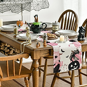 Artoid Mode Pink Jack-O-Lantern Pumpkin Bat Halloween Table Runner, Holiday Kitchen Dining Table Decoration for Indoor Outdoor Home Party Decor 13 x 72 Inch