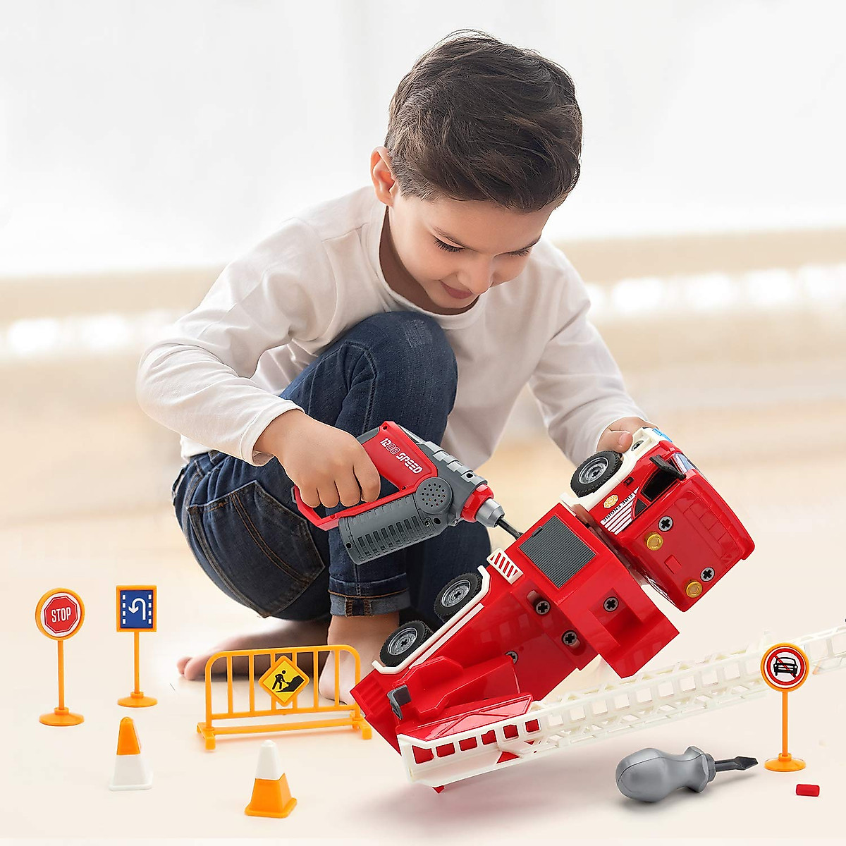 Building Fire Truck Toys - 95 Pcs DIY Assembly Fire Truck STEM Toy with Drill, Push & Go Friction Power Lights & Sounds for Kids- Take Apart Vehicle Fire Trucks for Boys Ages 4 5 6 7 8 Years Old