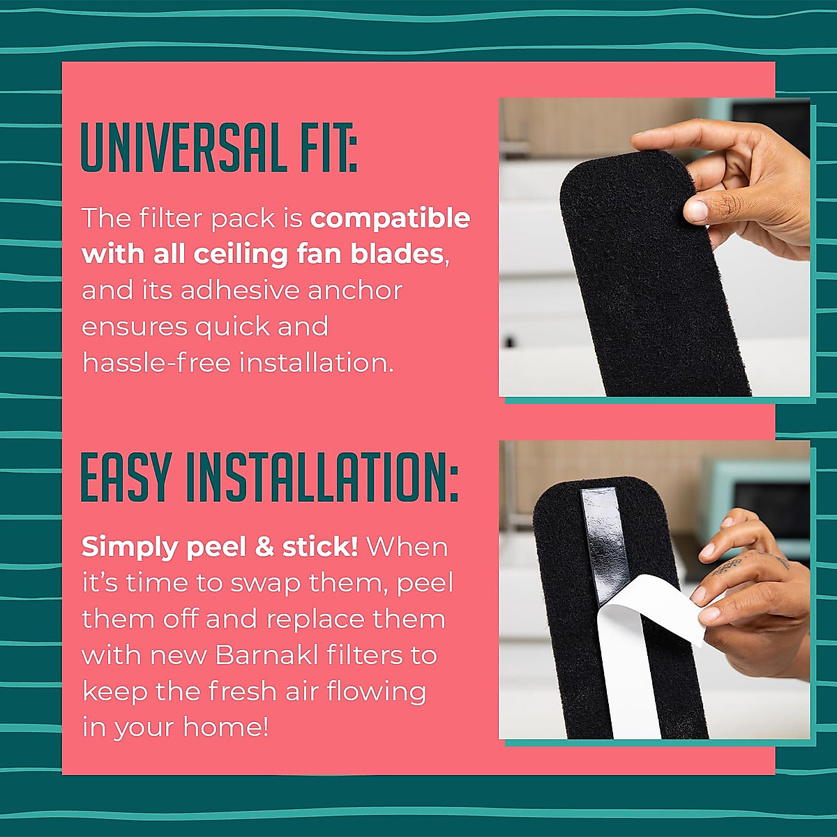 Barnakl Ceiling Fan Filters | Activated Coconut Shell Carbon Filter | Easy-Stick Universal Ceiling Fan Air Filters | Unscented Ceiling Fan Blade Filters for Common Household Contaminants, (3-Count)