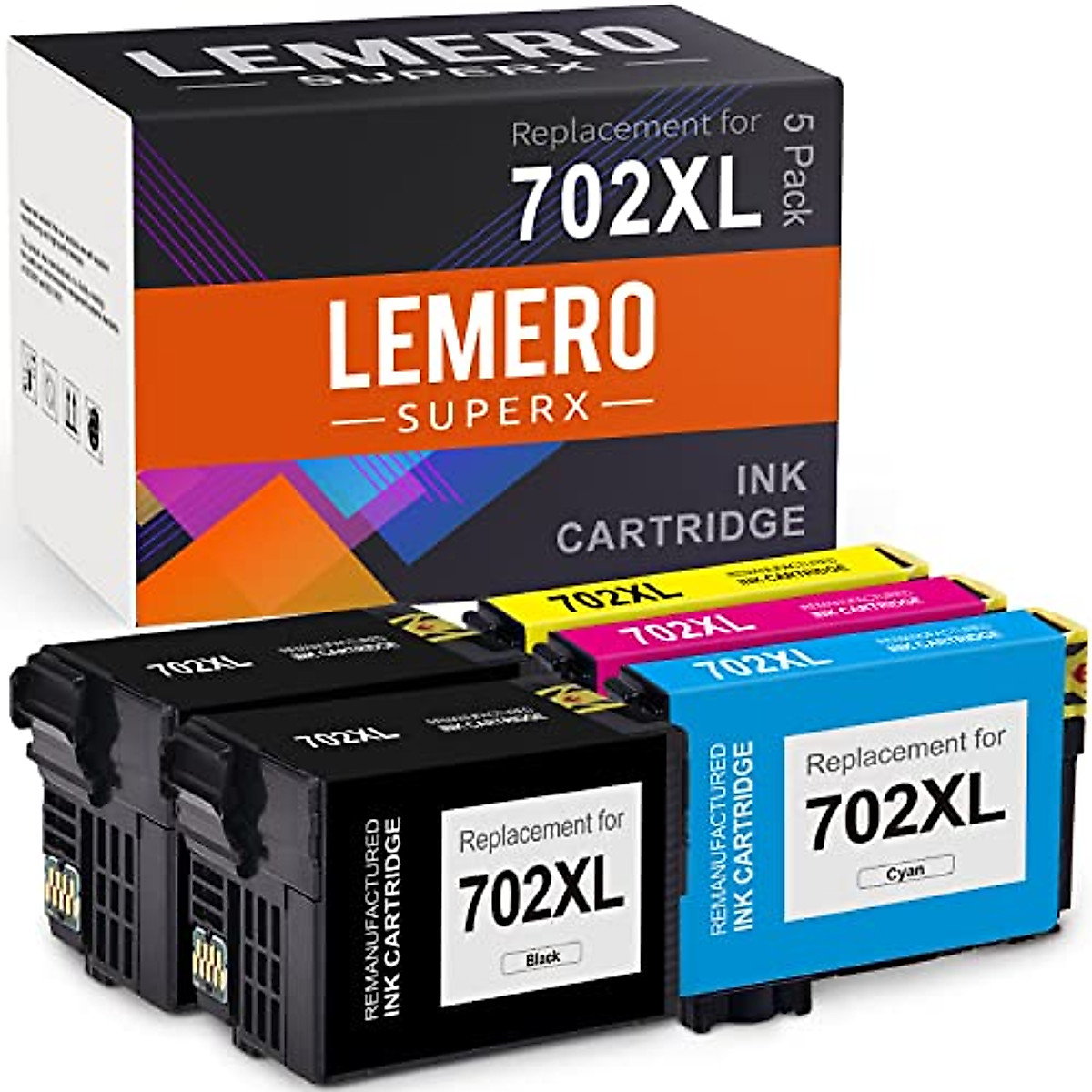 LemeroSuperx Remanufactured Ink Cartridge Replacement for Epson 702 XL T702XL 702XL Work for Workforce Pro WF-3730 WF-3720 WF-3733 (Black, Cyan, Magenta, Yellow, 5 Pack)