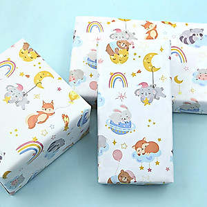 Animals Sleeping Wrapping Paper for Baby Infant Boys Girls, Good Night Rabbit Panda Fox Bear Koala Rainbow Moon Gift Wrap Paper Sheet for Baby Shower Birthday Kindergarten Newborn Children Kids