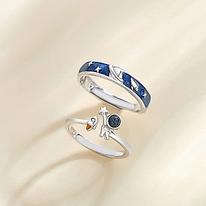 Cartoon Astronaut Matching Couple Rings for Him and Her Cute CZ Star Starry Sky Engagement Rings Anniversary Wedding Rings Set Open Promise Statement Bands Adjustable Dainty Jewelry Gifts with Box