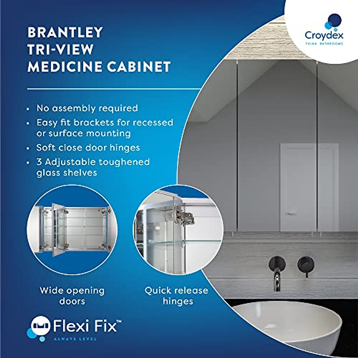 Croydex Brantley Tri-View Recessed or Surface Mount, Hang 'n' Lock Easy Installation Medicine Cabinet, 36W x 26H, Aluminum