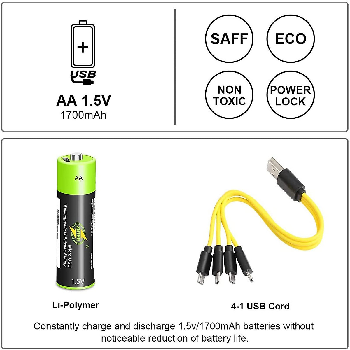 AA Batteries - USB Rechargeable Double A Lithium Batteries - Li-ion Battery Cell - 1.5V / 1700mAH (4-Pack) - Not NI-MH/NI-CD/Alkaline Batteries - ECO-Friendly and Recyclable - No Memory Effect（Green)