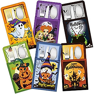 Whaline 18Pcs Halloween Cutlery Holder Set 6 Designs Witch Ghost Pumpkin Gnome Patterned Silverware Holder Paper Pocket Creepy Cartoon Tableware Utensil Holder for Dinner Party Supplies