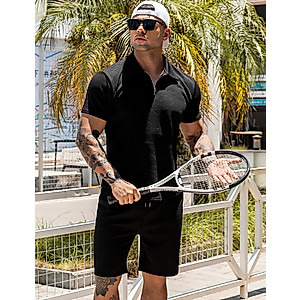 URRU Men's Polo Shirt and Shorts Set Summer Outfits Fashion Casual Short Sleeve Polo Suit for Men 2 Piece Short Set Black XL