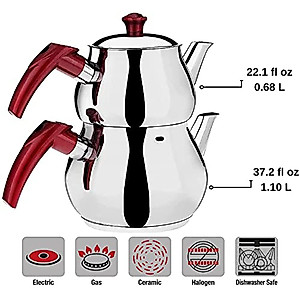 DESTALYA Turkish Teapot Set, Stainless Steel Double Tea Pots for Stove Top, Tea Maker with Strainer, Samovar Style Tea Kettle, Water Heater Warmer (Mini with Red Handles)