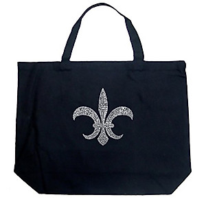 LA POP ART Word Art Large Tote Bag - Fleur De Lis - Popular Louisiana Cities Black
