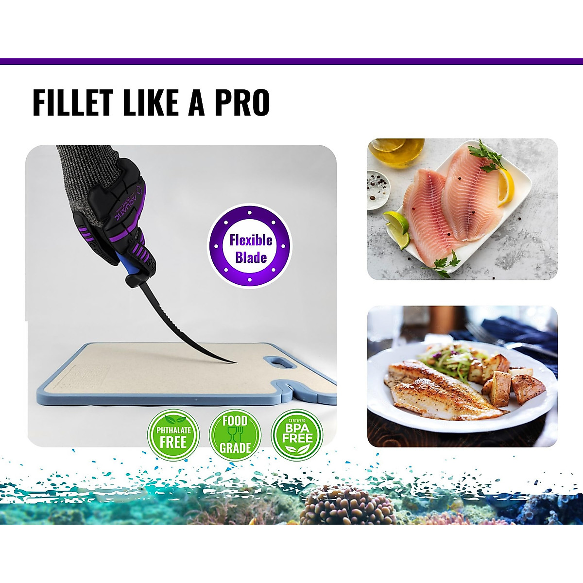 Pro 3-in-1 Set: 6.5” Fish Fillet/Boning Knife - 12” Non-slip Cutting Board - Ceramic Knife Sharpener