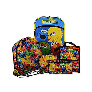 Sesame Street Boys Girls 5 piece Backpack Lunch Bag and Snack Bag School Set (One Size, Blue/Multi)