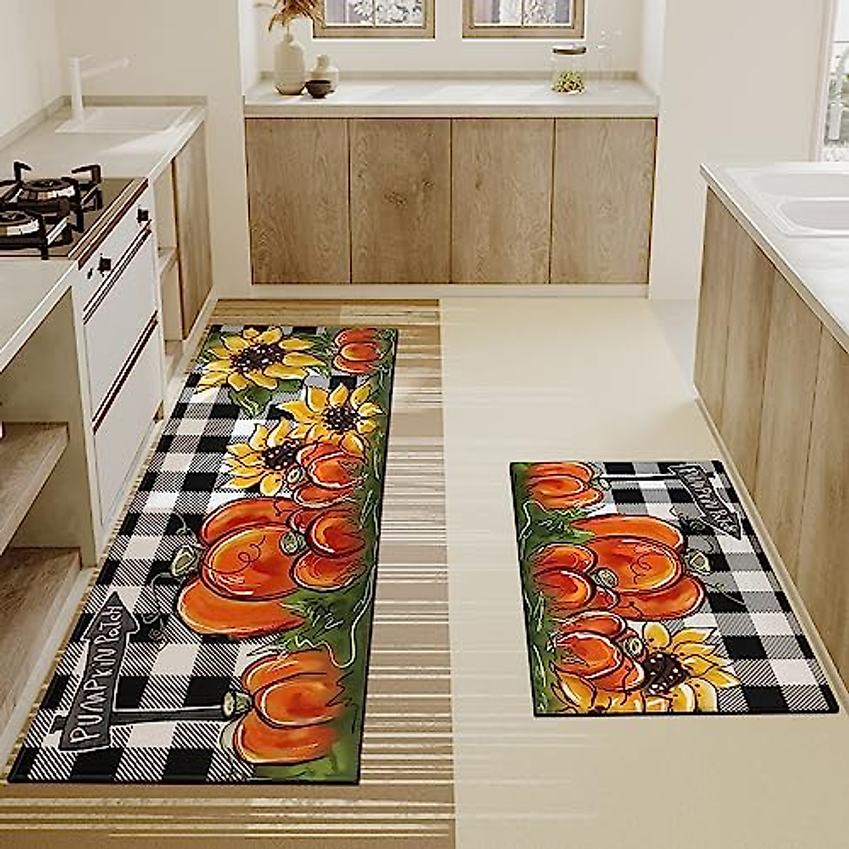 Faptoena Fall Kitchen Rugs Set of 2,Pumpkin Patch Sunflower Thanksgiving Floor Mats and Rugs Non Skid Washable for Kitchen Home Decor,Fall Farmhouse Decorations and Accessories (17"x47"+17"x30")