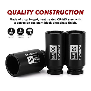 CASOMAN 1/2-Inch Drive Deep Spindle Axle Nut Impact Socket Set,12 Point Metric, CR-MO, 30,32,34,36mm, 4-Piece 1/2" Heavy Duty Impact Socket Set