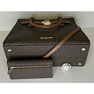 MICHAEL Michael Kors Hamilton MD Satchel bundled with Trifold Wallet and Purse Hook (Signature MK Brown)
