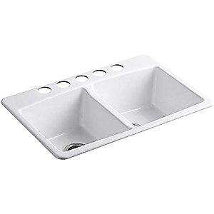KOHLER K-5846-5U-0 Brookfield Under-Mount Double-Equal Bowl Kitchen Sink with 5 Oversized Faucet Holes, White