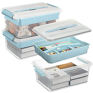 Skybooly 3 Pack Stack and Carry Box Clear Plastic Storage Container Stackable Home Utility Box with Removable Tray Multipurpose Bins with Handle Lid for Stationery Sewing Art Craft Supplies (Blue)