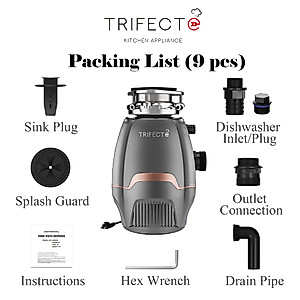Trifecte Pro 3/4 HP Garbage Disposals with Sound Reduction,Food Waste Coutinuous Feed Garbage Disposal with Power Cord, Dishwasher Hook Up