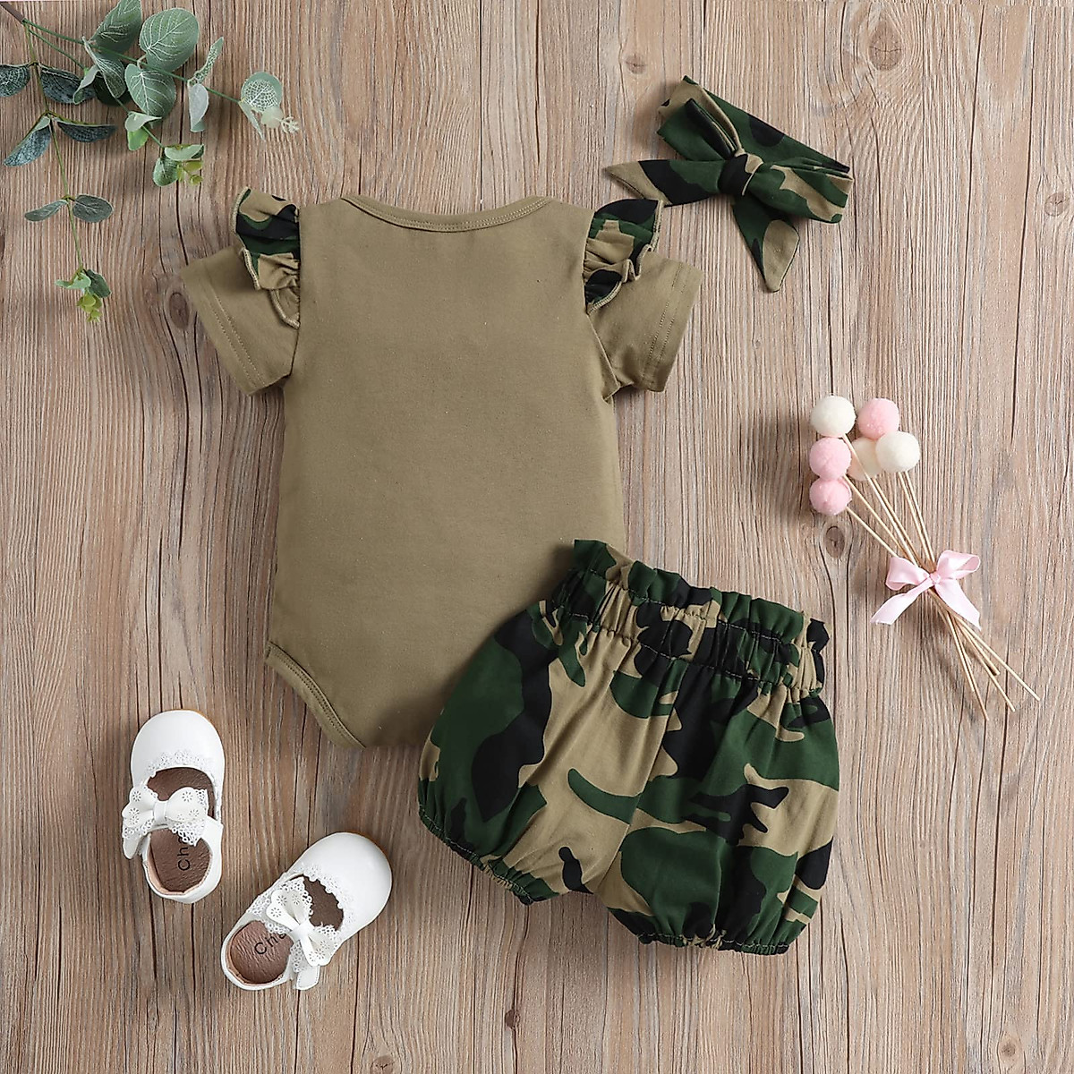 AMAWMW Daddys Little Girl Baby Clothes Ruffle Short Sleeve Romper Camo Bloomers Headband Newborn Infant Baby Girl Summer Outfit (Green, 0-6 Months)