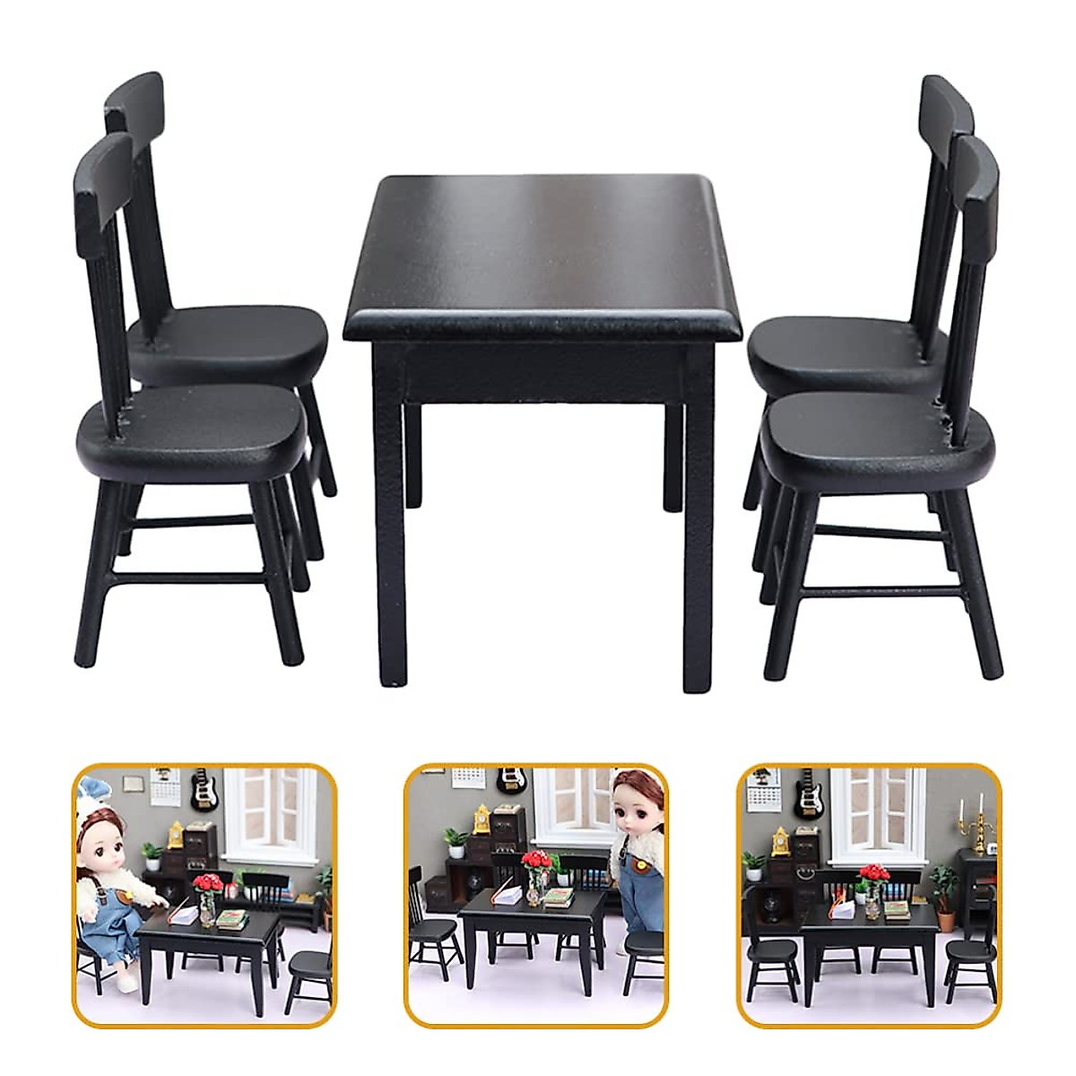 Black Chairs 5Pcs Miniature Table and Chairs, Mini Dining Table Set for 4, Doll House Black Wooden Table Chairs Miniature Furniture and Accessories Furniture