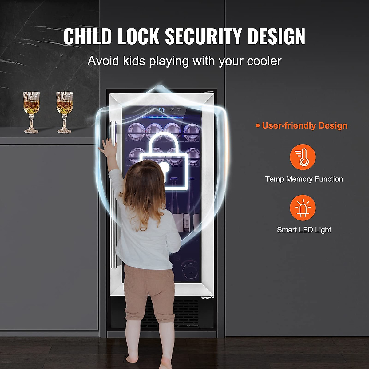 VEVOR 15” Beverage Refrigerator, 96 Cans Under Counter Built-in or Freestanding Beer Fridge, Blue LED Light, Adjustable Shelves, Child Lock, ETL